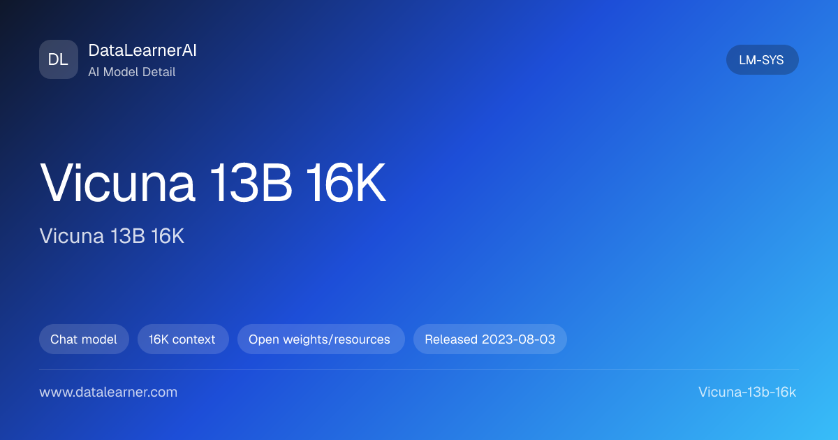 Vicuna 13B 16K：评测、参数、下载与模型卡 | DataLearnerAI